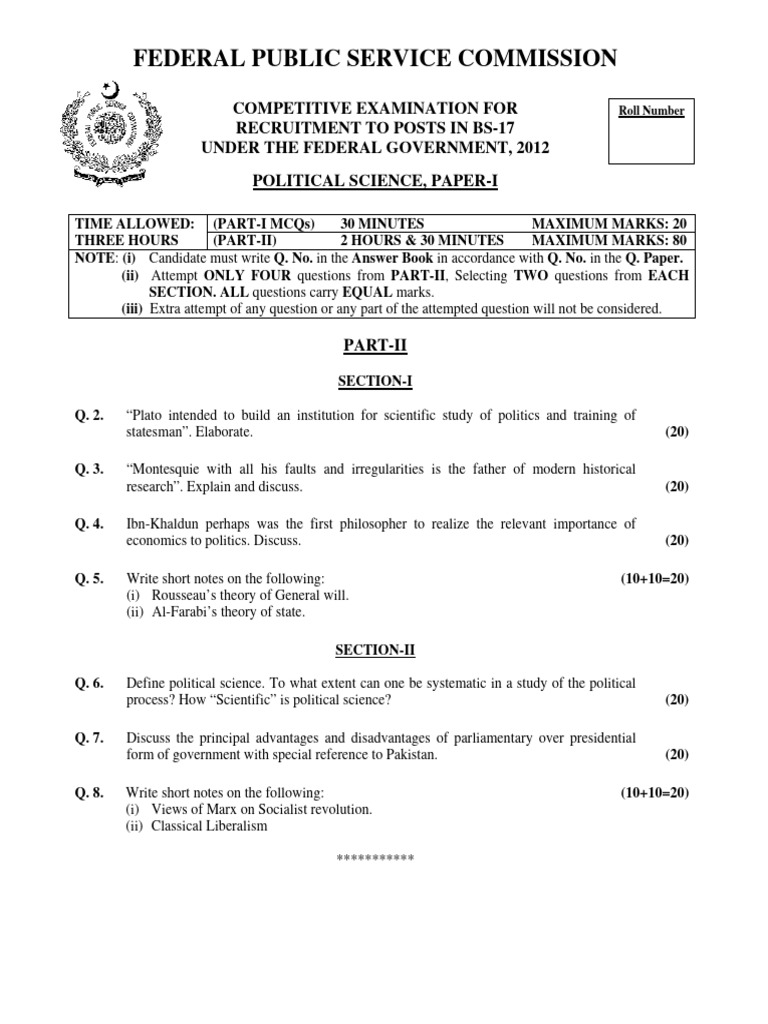 Federal Public Service Commission Political Science Exam | PDF ...