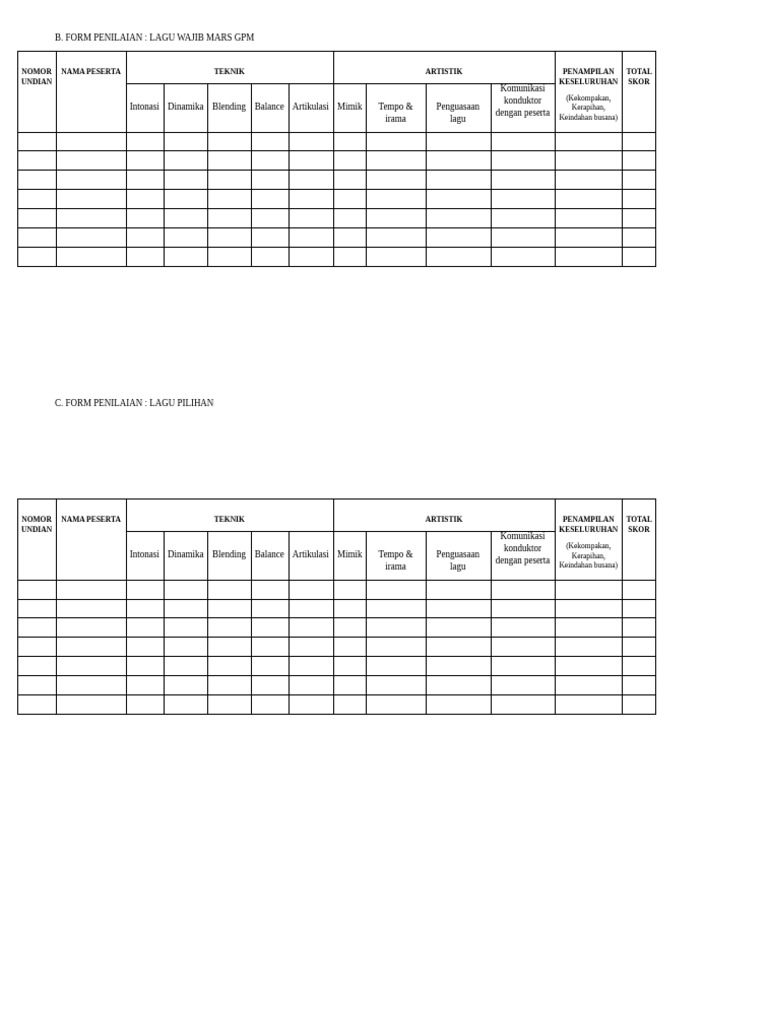 Form Penilaian Lagu Mars GPM dan Pilihan | PDF