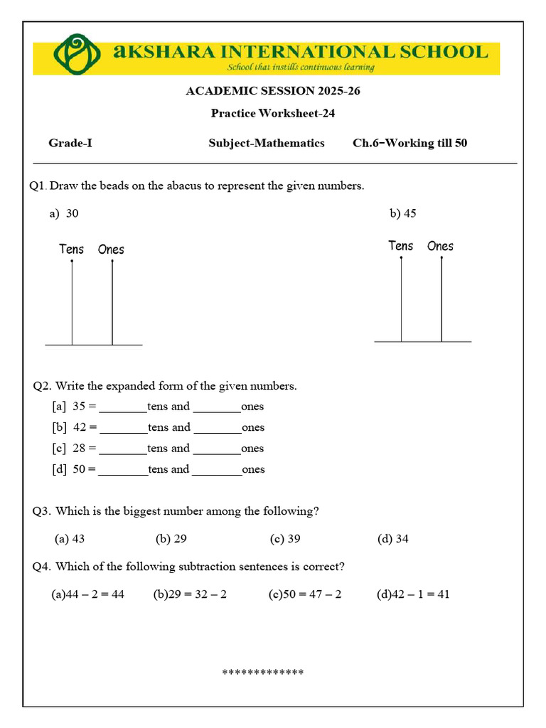 Ade1 Maths Practice Worksheet Ch-6 Working Till 50 | PDF