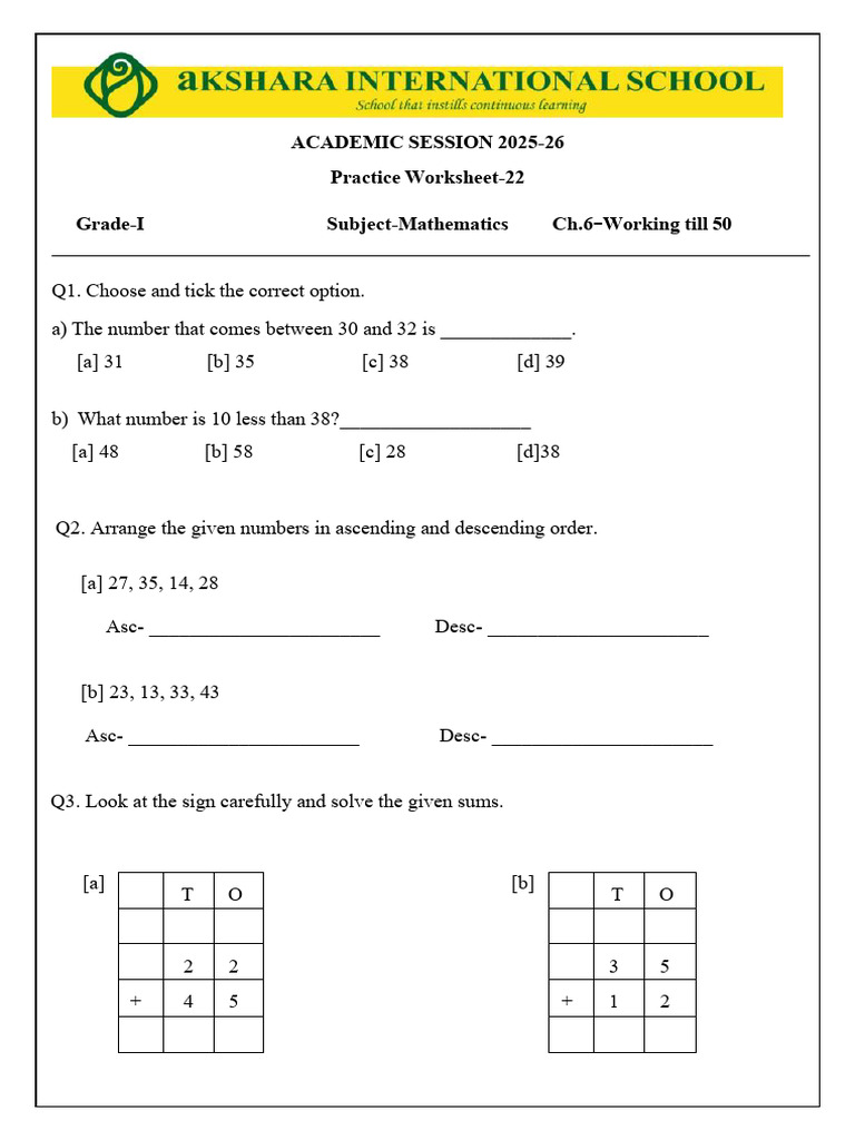 Grade 1 Math Worksheet: Working till 50 | PDF