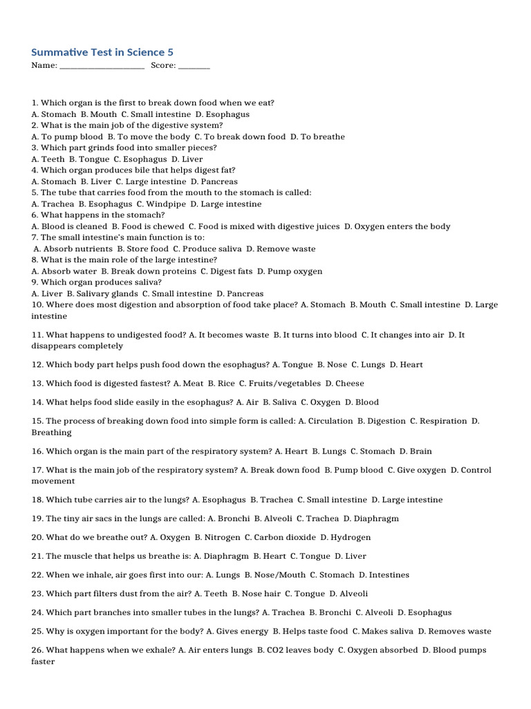 Summative Test Science5 | PDF | Digestion | Respiratory System