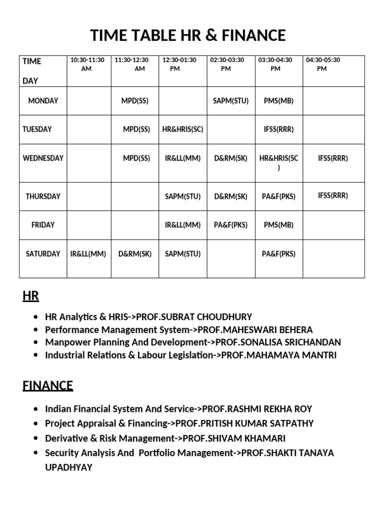 HR & Finance Class Timetable | PDF