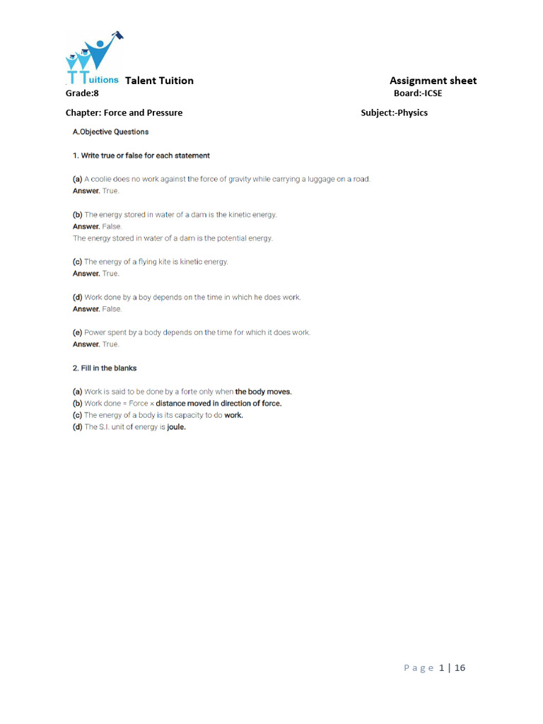 Force and Pressure 8th ICSE Physics | PDF