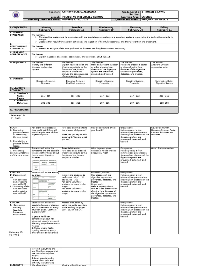 Digestive System Lesson Plan for Grade 8 | PDF | Gastroenterology ...