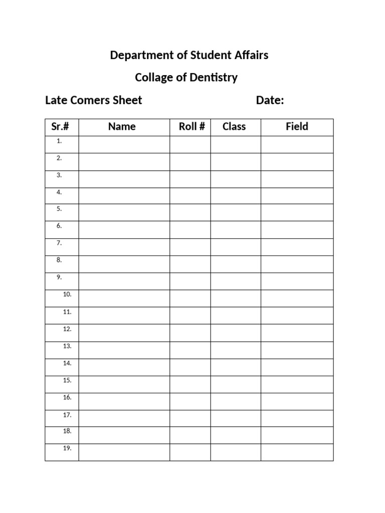 Department of Student Affairs Late Comers Sheet | PDF