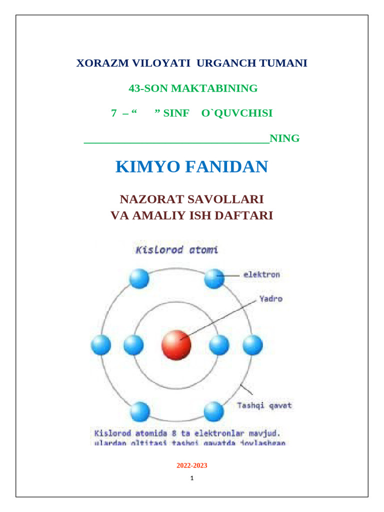 7-Sinf Kimyo Nazorat Ishi Daftar 2022 - Tuzatilgani | PDF