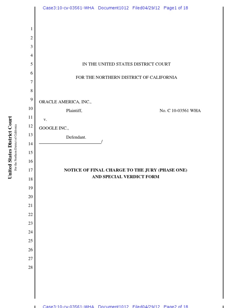 Jury Instructions, Verdict Form in Oracle Google | PDF | Fair Use ...
