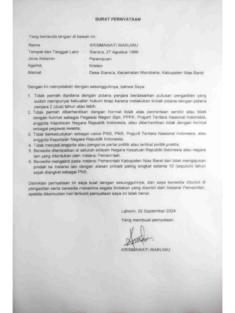 Surat Pernyataan Krismawati Waruwu - Compressed | PDF