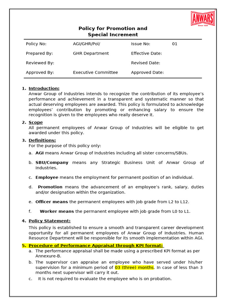 Policy For Promotion & Special Increment (Draft) | PDF | Performance ...