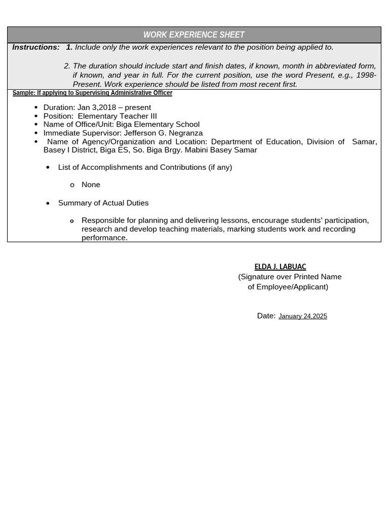 CS Form No. 212 Attachment Work Experience Sheet | PDF