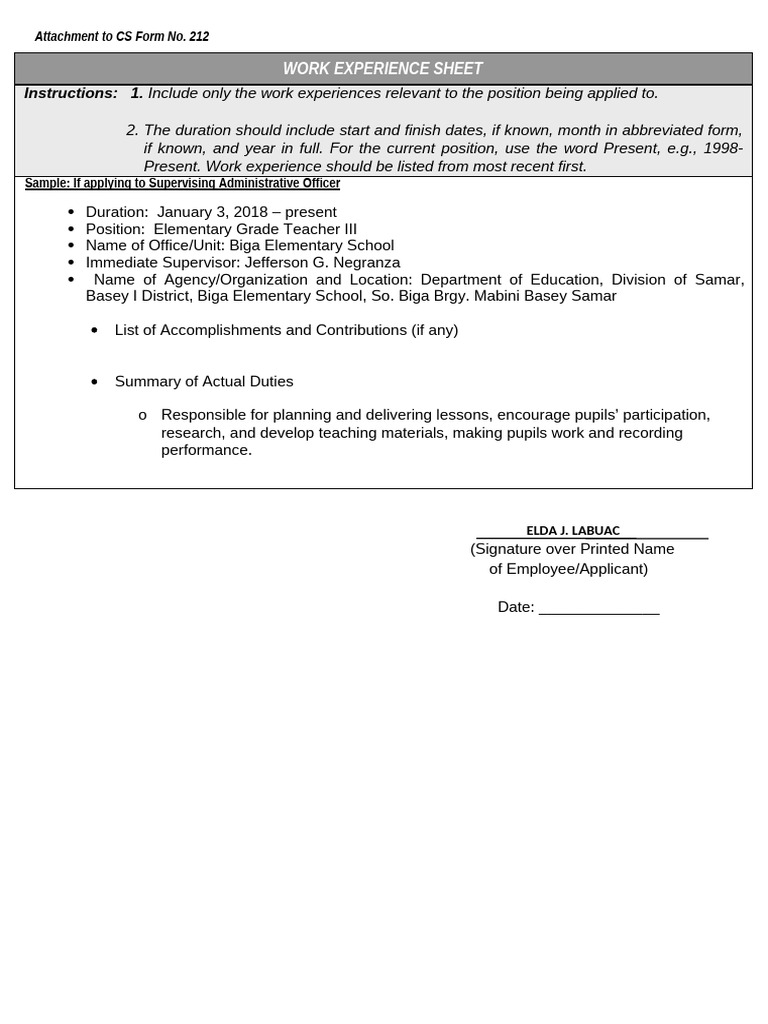 Work Experience Sheet for CSC Application | PDF