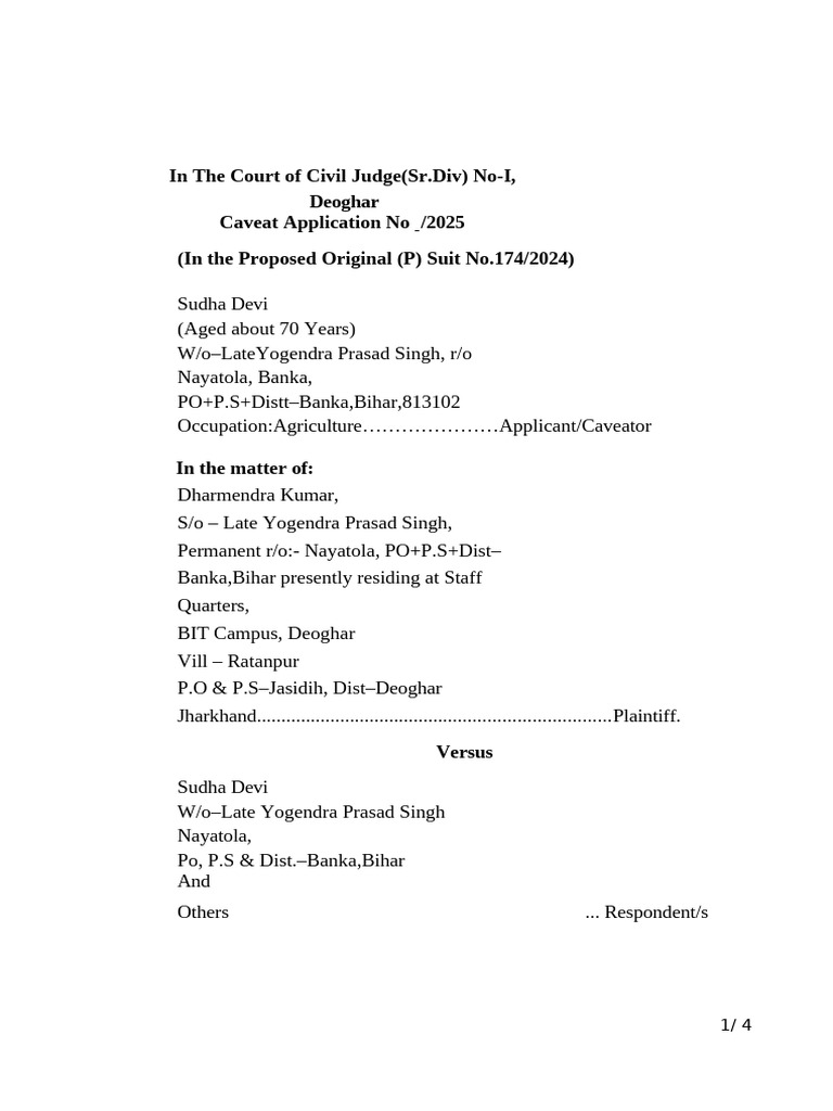 Caveat Application TS 174 - 24 Deoghar 2 | PDF | Lawsuit | Public Law