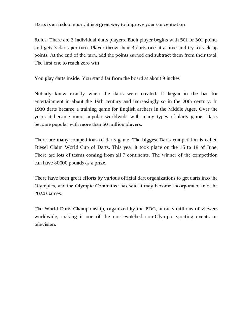 Darts: Rules, History, and Competitions | PDF