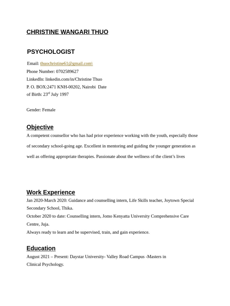 Christine Thuo: Psychologist Profile | PDF