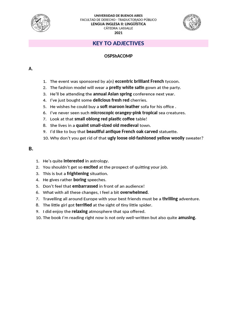 Adjectives Adjectival Order Key | PDF