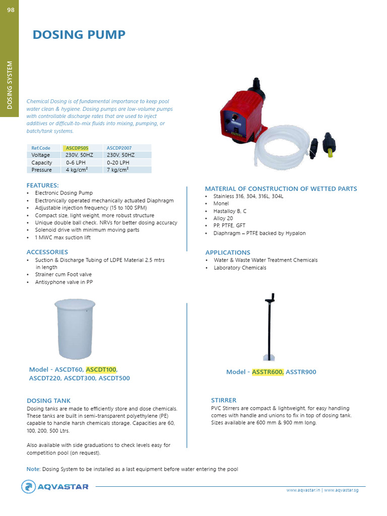 Chemical Dosing Pumps for Pool Hygiene | PDF | Pump | Valve
