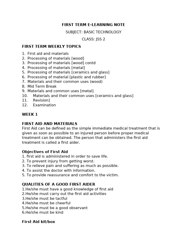 jss1 bt lesson plan | PDF | Lumber | First Aid