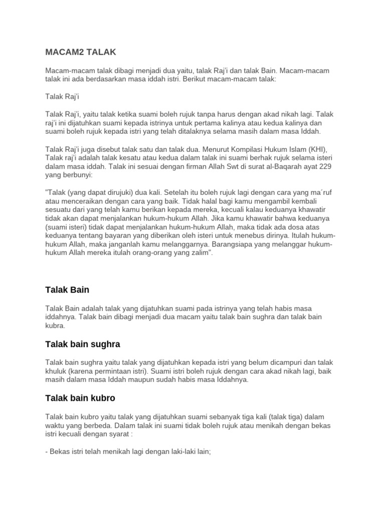 Macam-Macam Talak dalam Hukum Islam | PDF