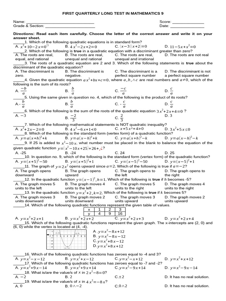Mathematics 9 Quarterly Test Guide | PDF | Quadratic Equation ...