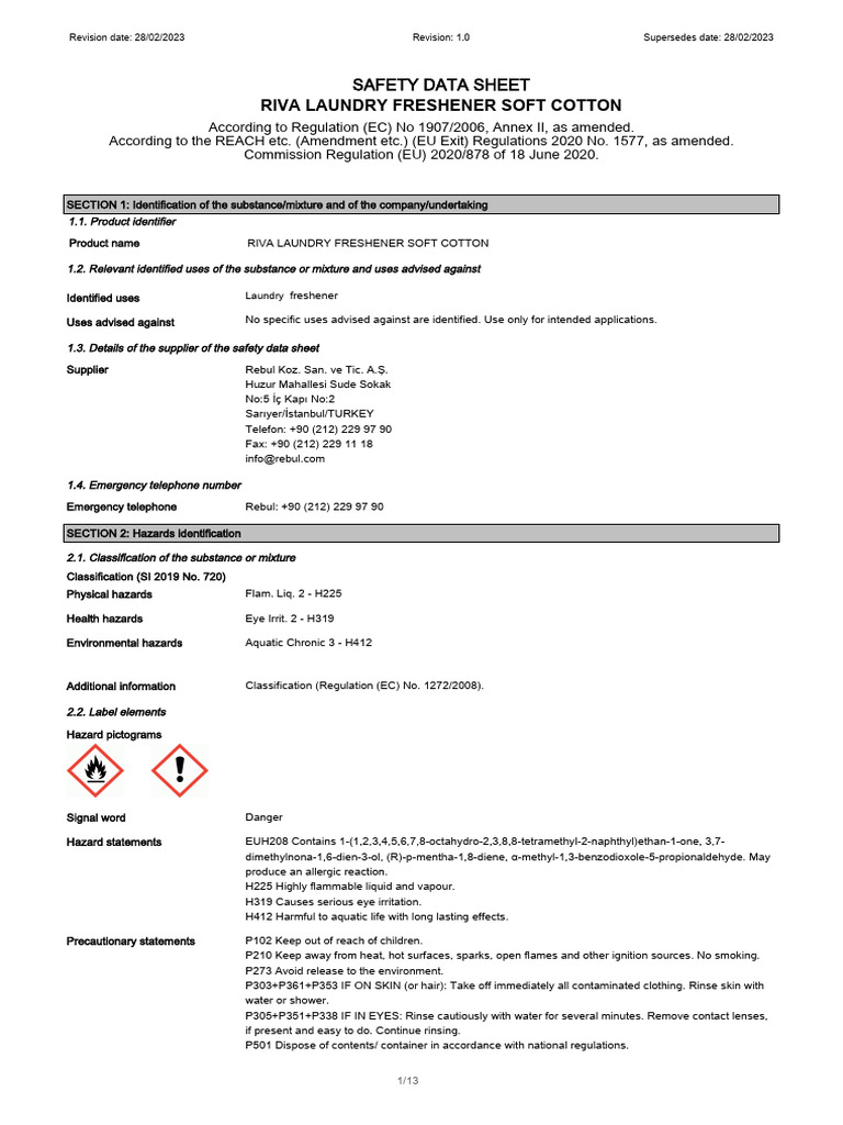 Riva Laundry Freshener Soft Cotton | PDF | Occupational Safety And ...