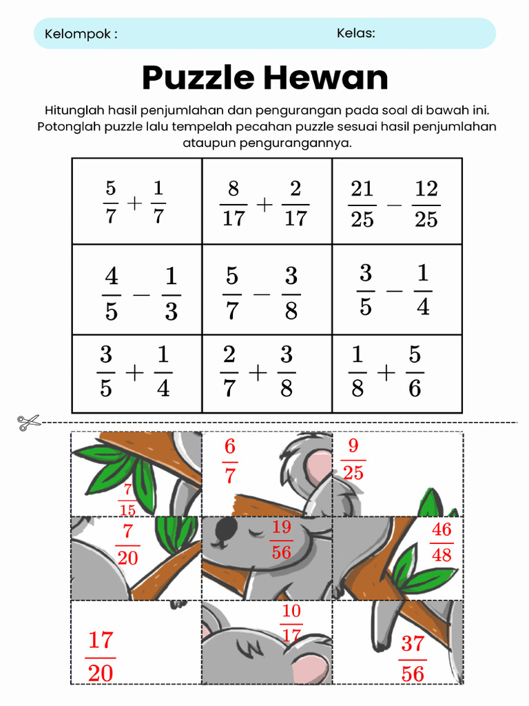 Puzzle Penjumlahan Dan Pengurangan Pecahan | PDF