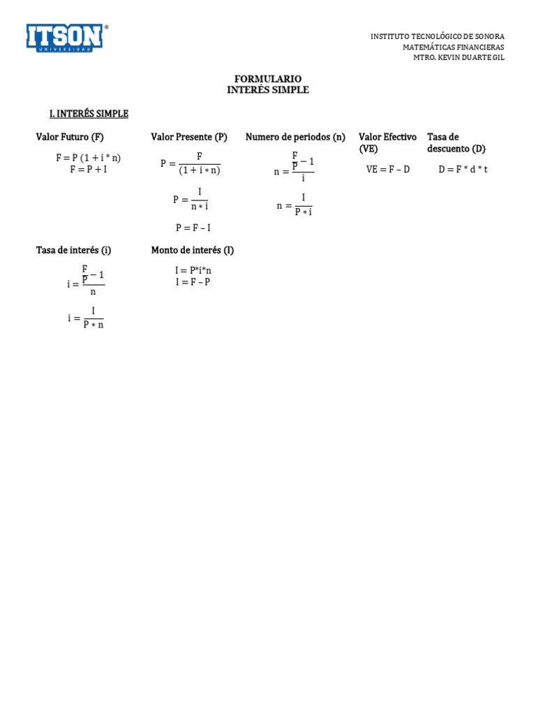 Formulario de Interés Simple en Finanzas | PDF