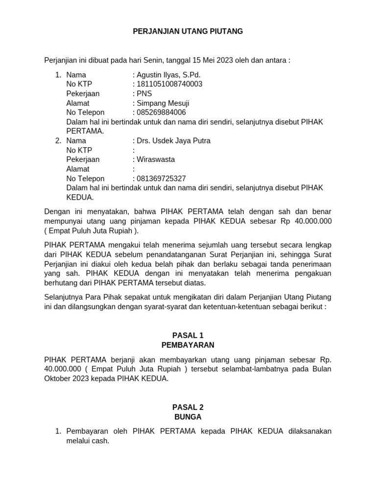 Contoh Surat Perjanjian Utang Piutang | PDF