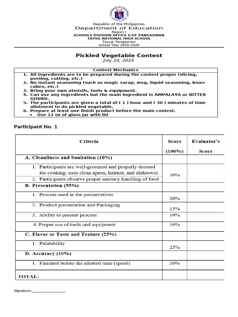 Pickled Vegetable Contest Mechanics and Criteria For Judge | PDF