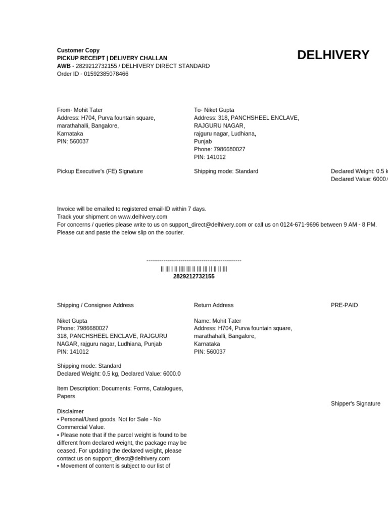 Delhivery Pickup Receipt - Order 01592385 | PDF | Receipt | Business ...