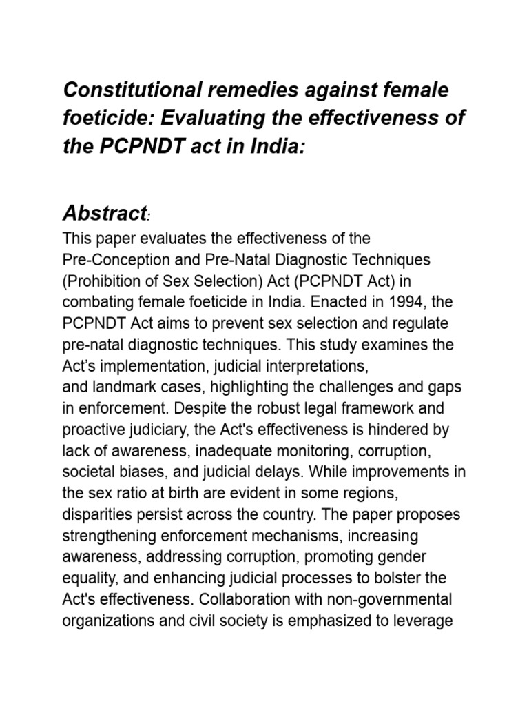Constitutional Remedies Against Female Foeticide - Evaluating The ...