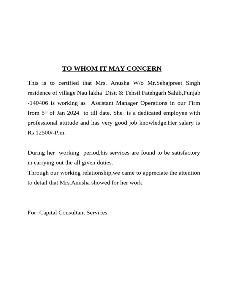 Salary Certificate for Mrs. Anusha | PDF