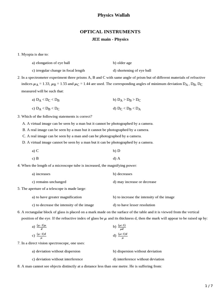 JEE Physics: Optical Instruments Guide | PDF | Physical Phenomena | Waves