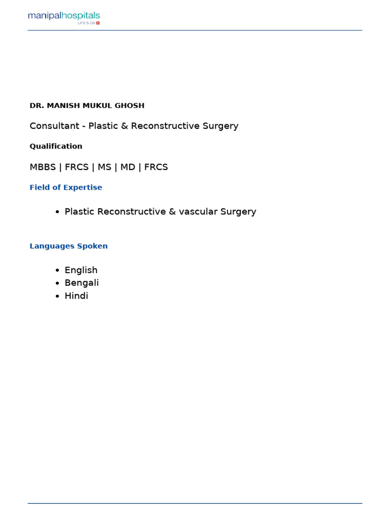 DR Manish Mukul Ghosh Consultant Plastic Reconstructive Surgery | PDF