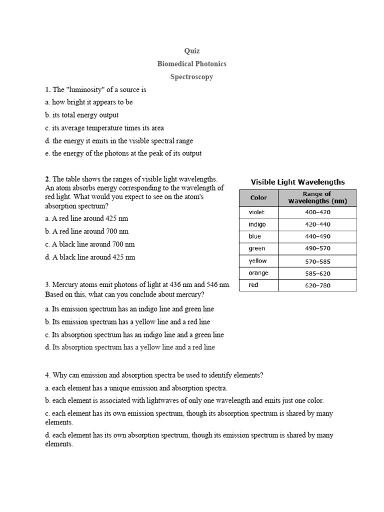 Quiz 4 2022 Spectros | PDF | Emission Spectrum | Electromagnetic Spectrum