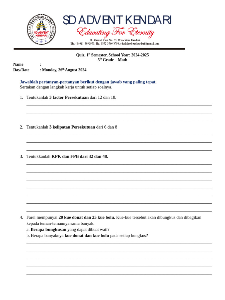 Kuis Matematika Kelas 5 Semester 1 | PDF