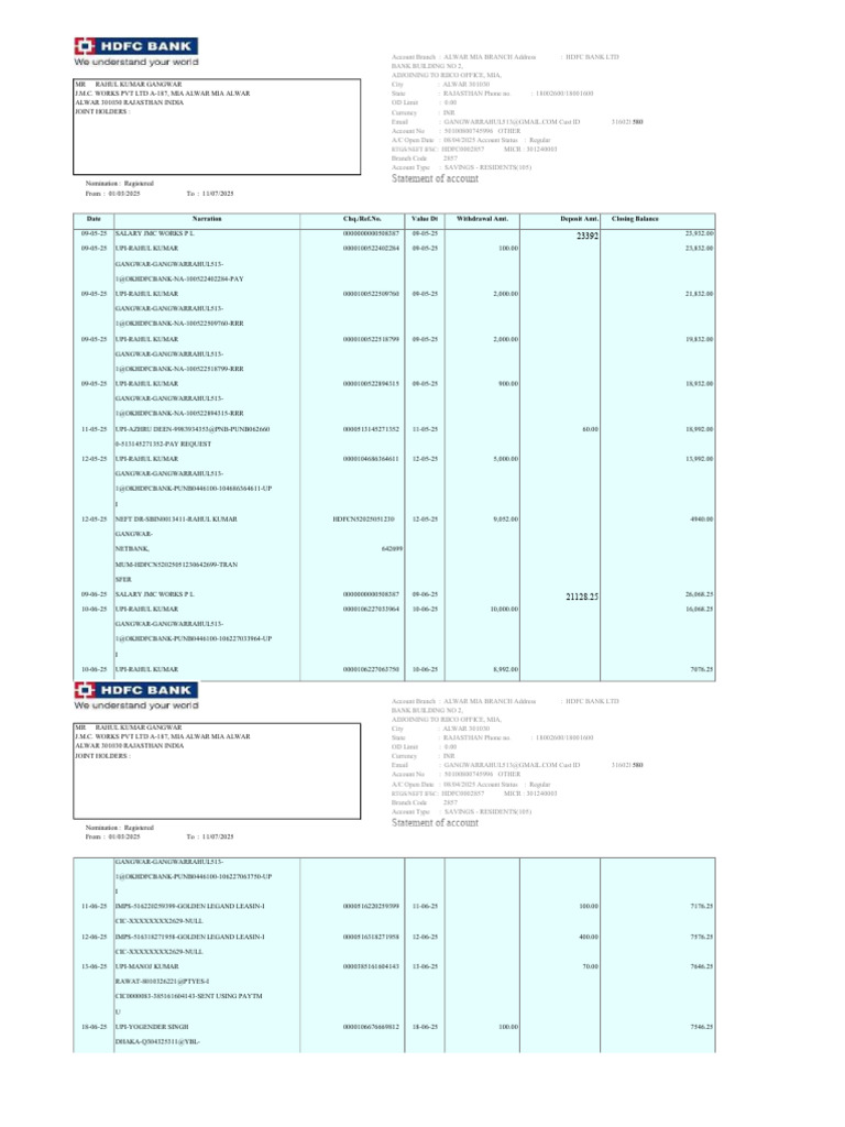 Bank Statement RAHUL | PDF | Banking | Financial Services