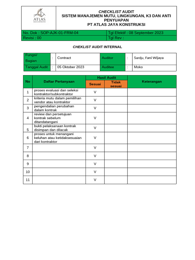 Frm-04 Cheklist Audit Internal | PDF