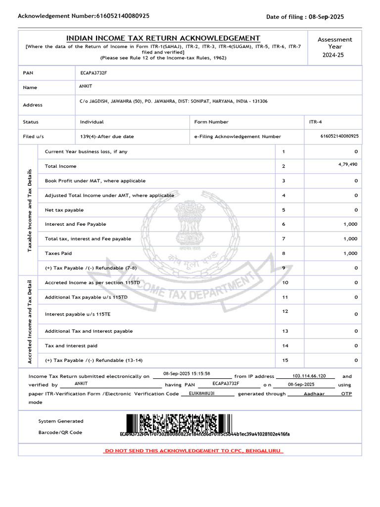 MR Ankit Itr Ack-24 - 25 - Merge | PDF | Taxes | Income Tax