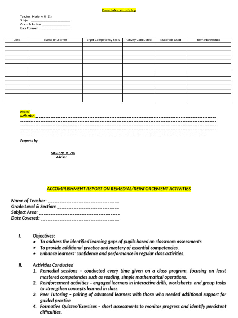 Remediation Activity Log Template | PDF | Learning | Educational Assessment