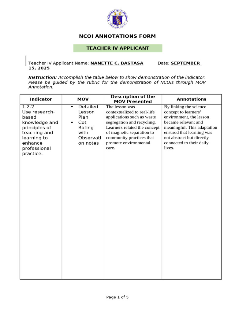 NCOI Annotations Form For Teacher IV Applicant | PDF | Teachers | Learning
