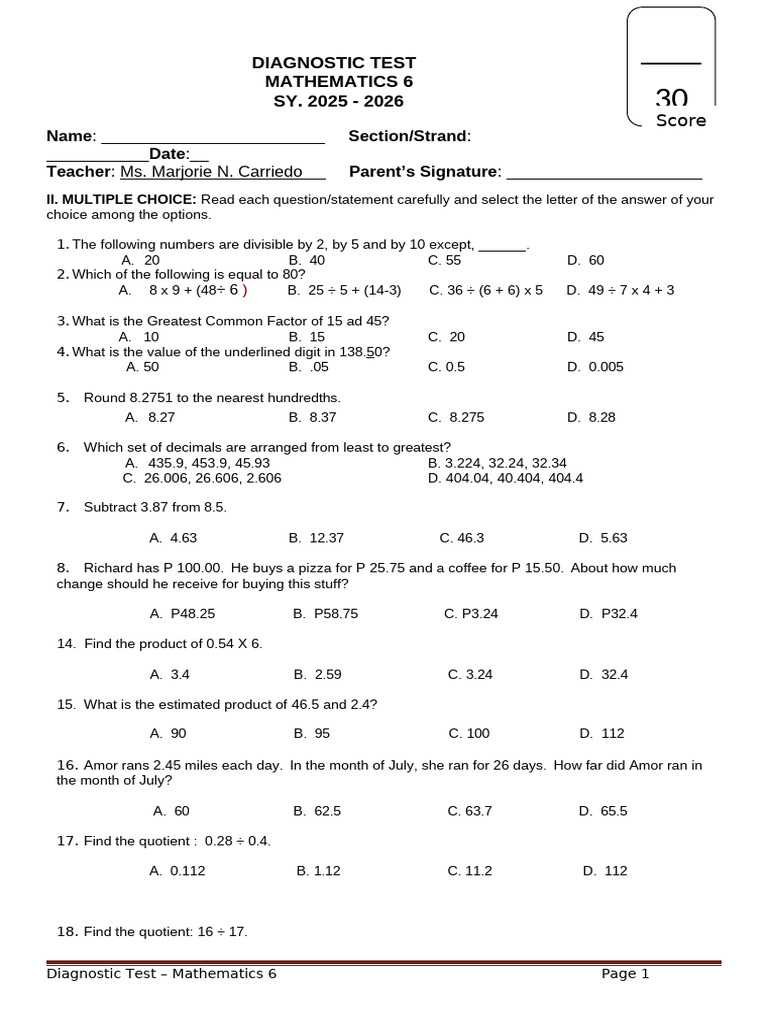 Mathematics 6 Diagnostic Test 2025-2026 | PDF | Ratio | Number Theory