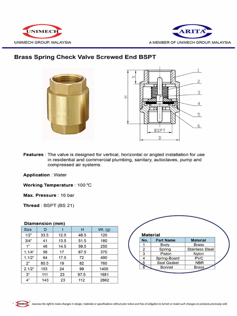 Brass Spring Check Valve SE BSPT | PDF