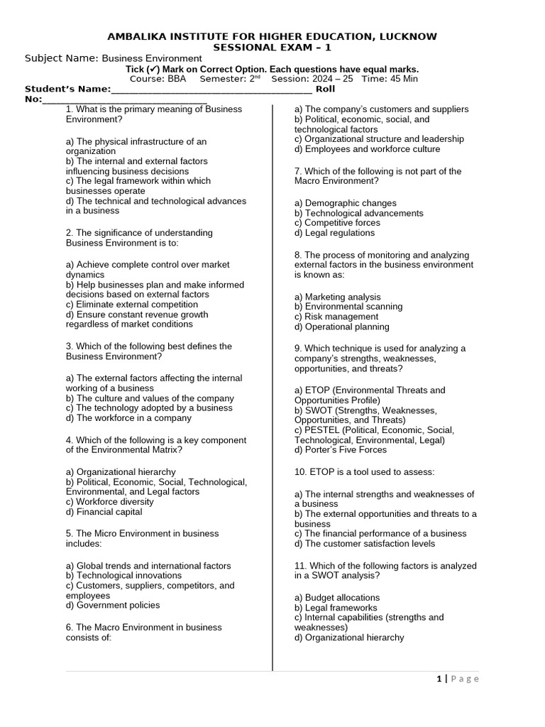 BBA 1st Year Business Environment 1st Sessional Paper | PDF | Swot ...