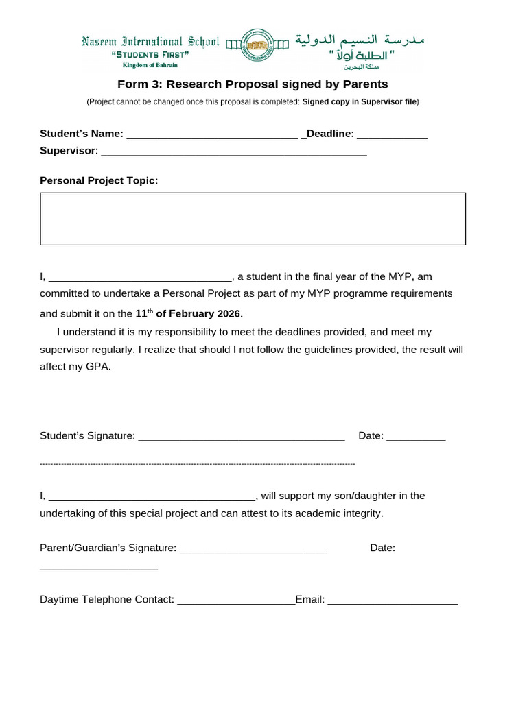 MYP Personal Project Proposal Form | PDF