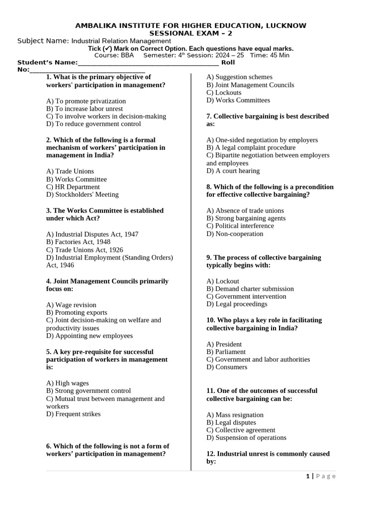 Industrial Relations Management Exam 2024 | PDF | Collective Bargaining ...
