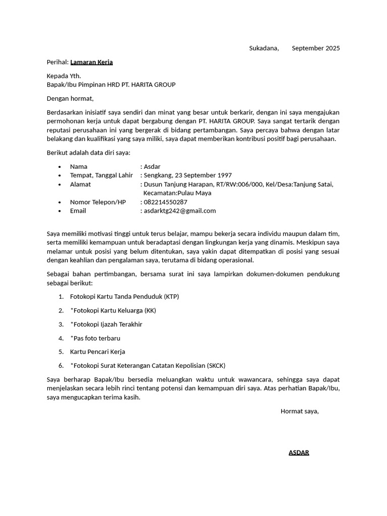 Form Lamaran Asdar Sukadana | PDF