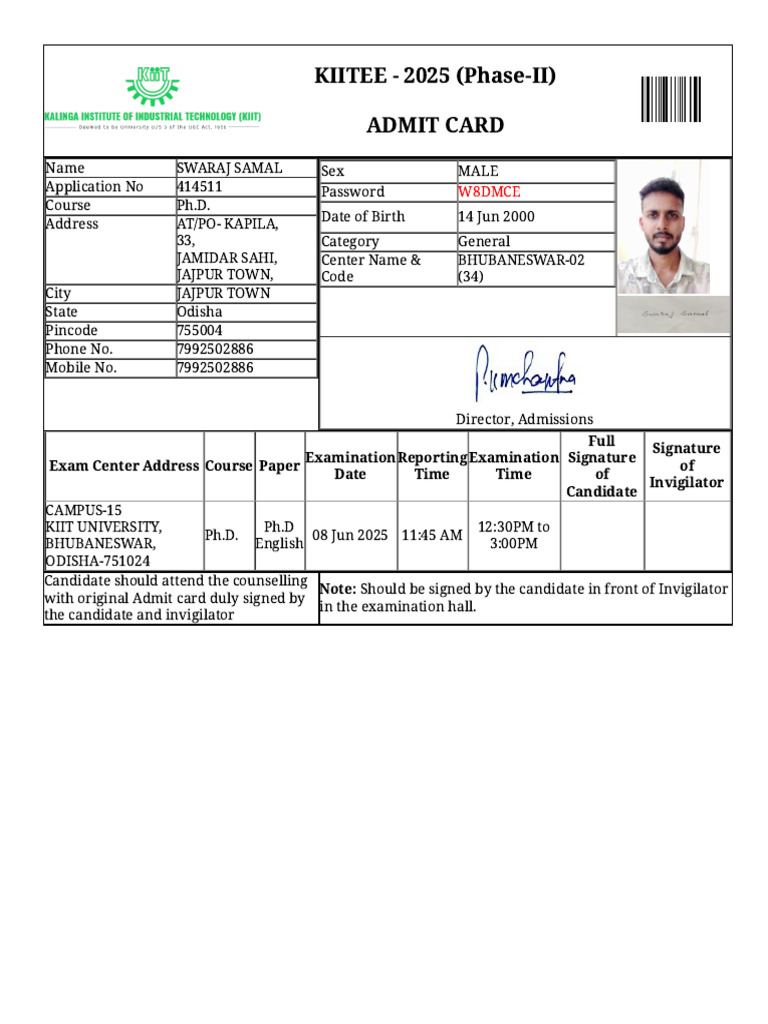 KIITEE 2025 Ph.D. Admit Card Details | PDF