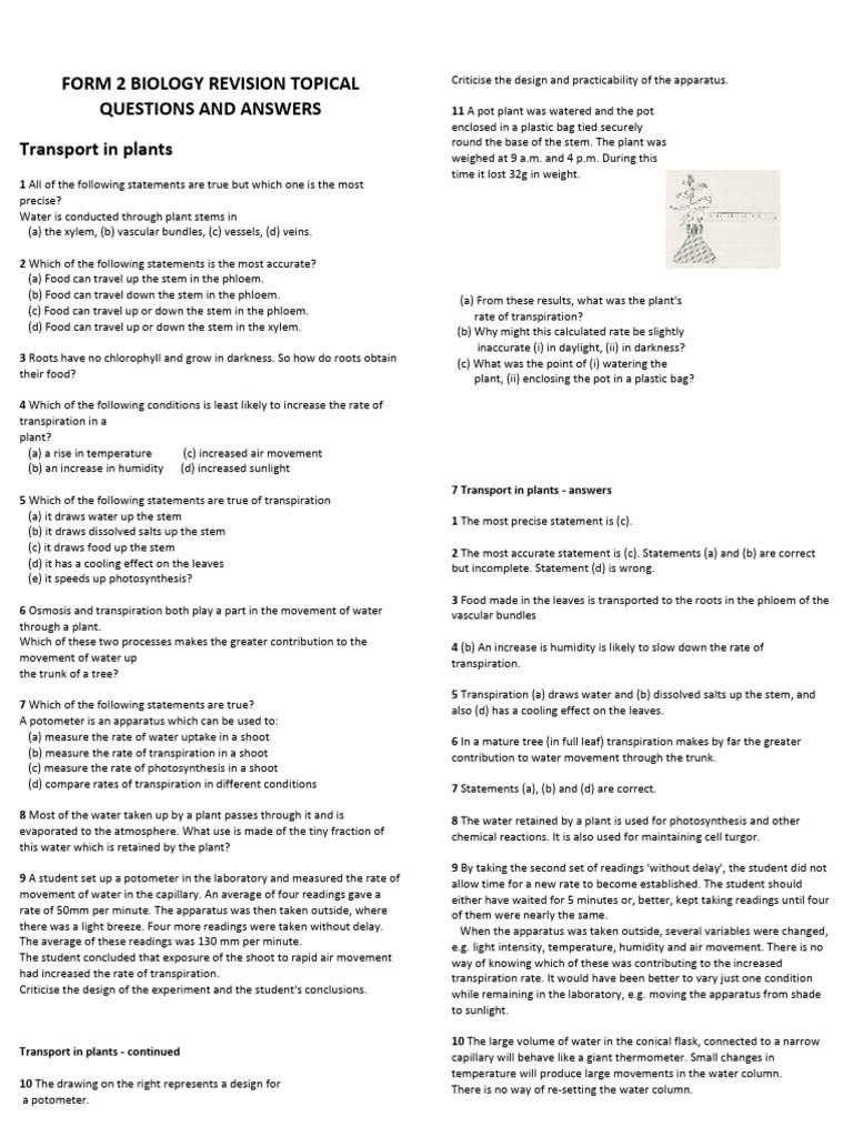FORM 2 - Transport Plants Questions | PDF | Kidney | Plant Stem