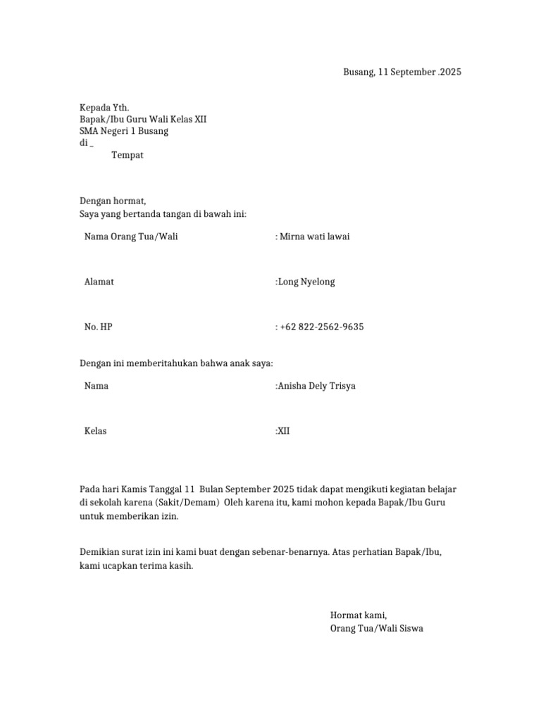 Format Surat Ijin Siswa-1 | PDF