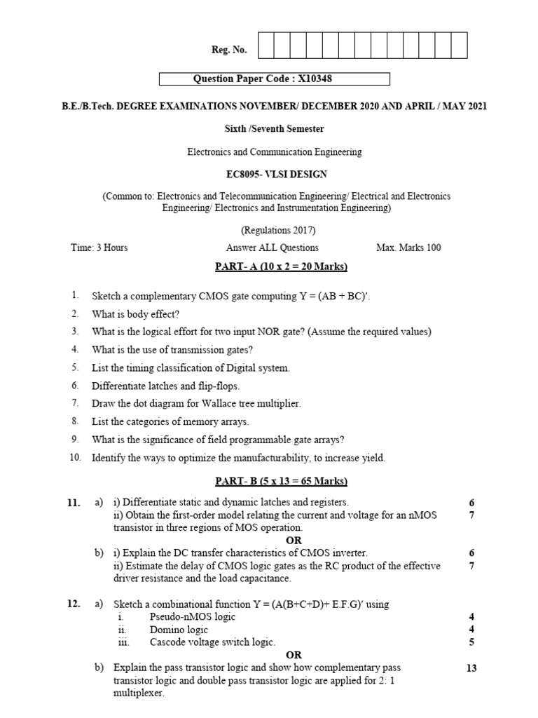 VLSI Design - EC8095 2017 Regulation - Semester Question Paper 2020 Nov ...